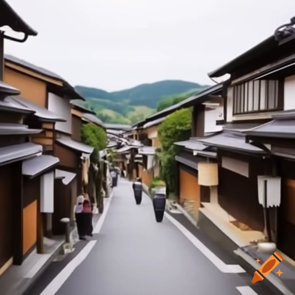 Traditional alley of townhouses in Kyoto with people in traditional clothing on Craiyon