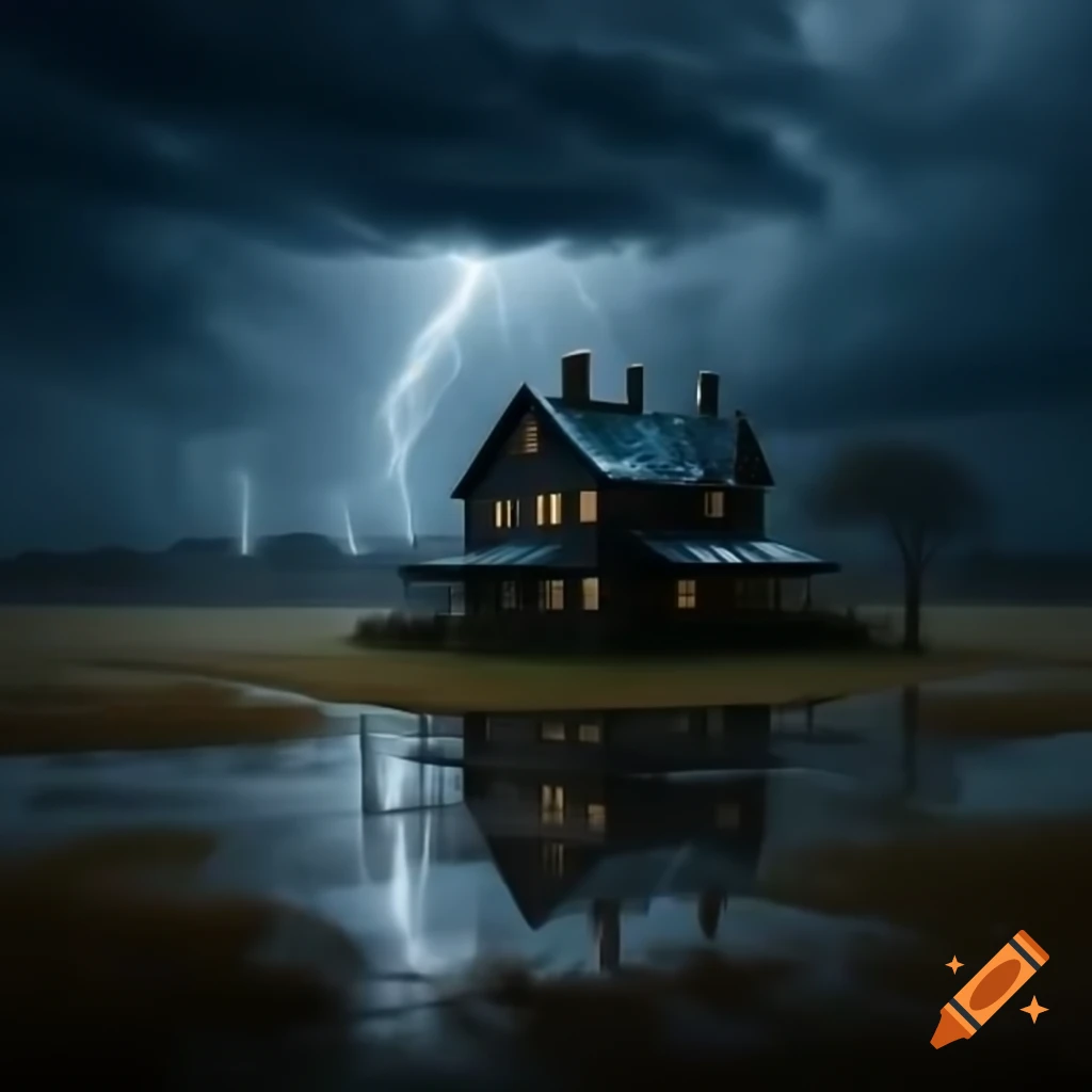Moody night scene with wind and rain, dark clouds and spooky old house ...