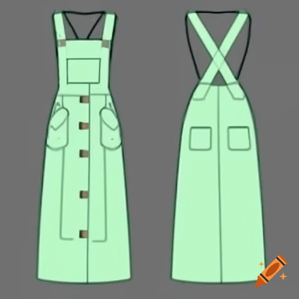 Technical drawing of a pinafore dress with skirt and front slit ...