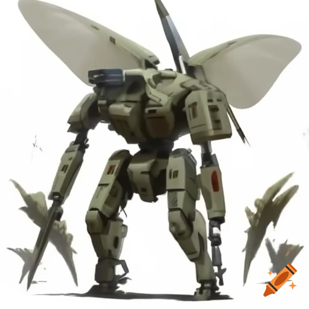 Insectoid humanoid combat mech with dagger and large wings on white ...