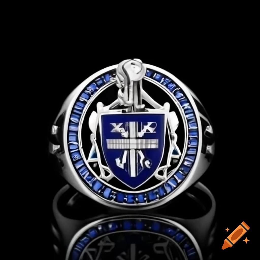 Family crest ring design featuring cross, bull, anchor, and blue stones ...