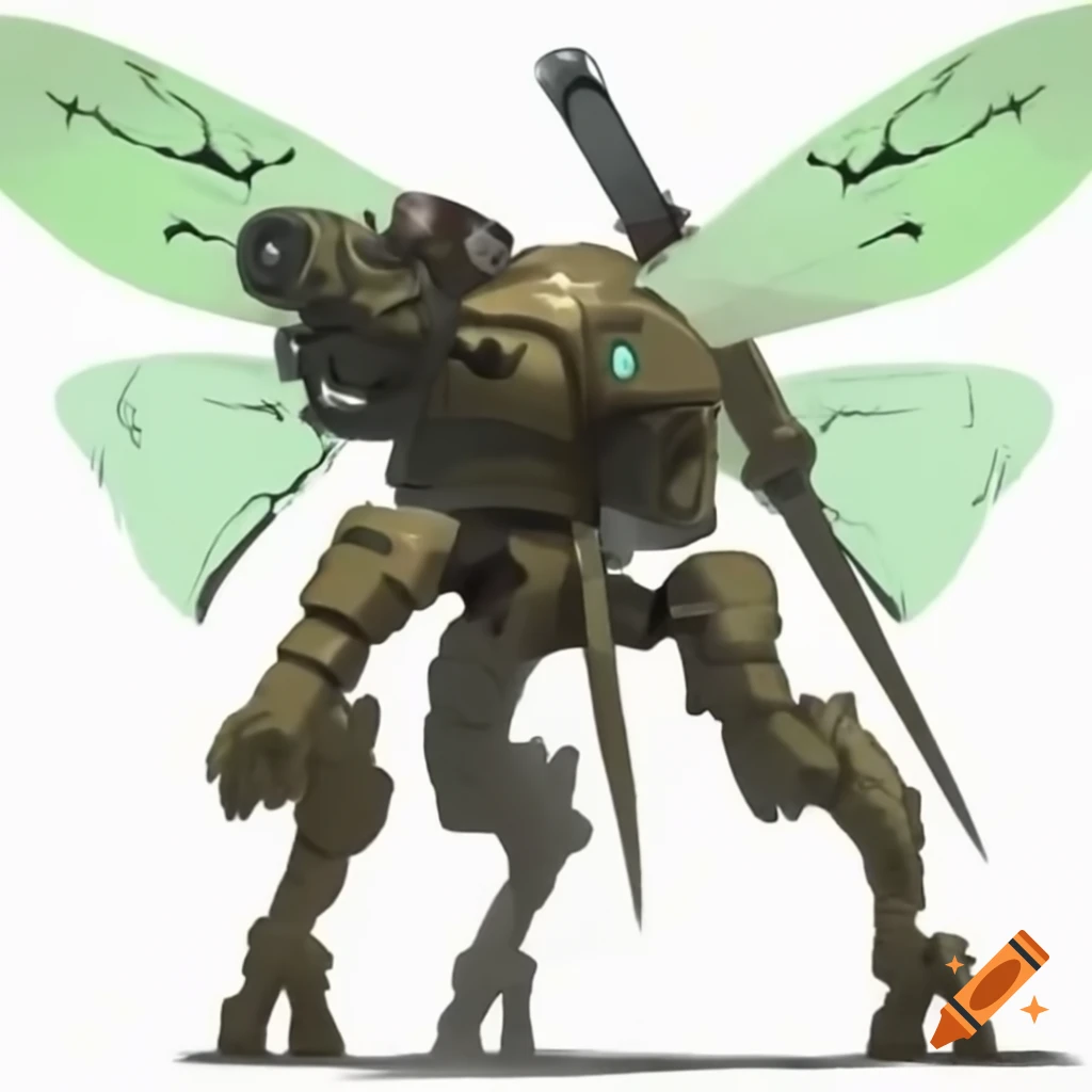 Insectoid humanoid combat mech with dagger and large wings on white ...