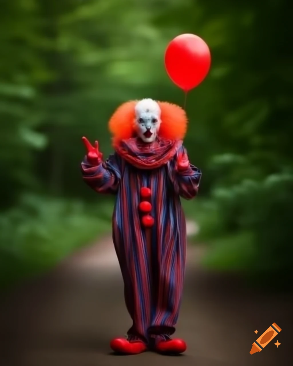 Scary clown with red balloon on forest path on Craiyon