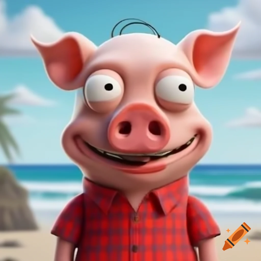Cartoon character resembling a human pig in red flannel at the beach in ...