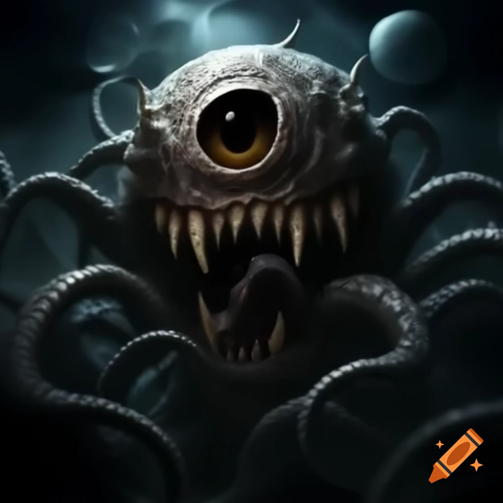 Eldritch horror monster with one eye and tentacles floating in space on ...
