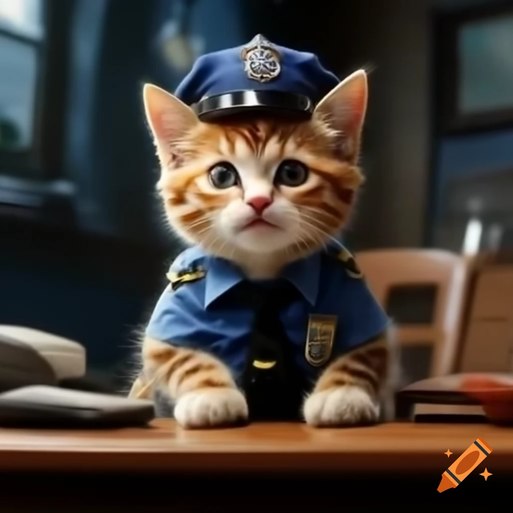 Cute kitten as police officer in photorealistic setting on Craiyon