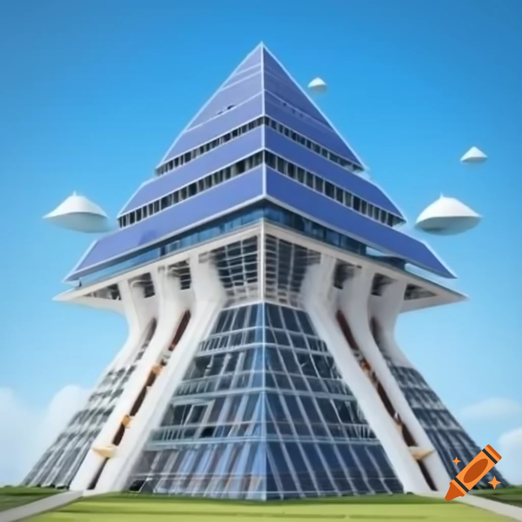 Futuristic pyramid-shaped building with solar panels on Craiyon