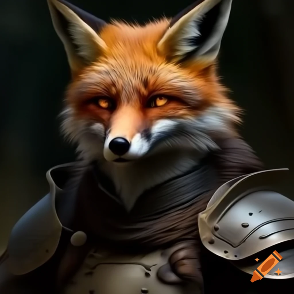 Anthropomorphic red fox in armor symbolizing war on Craiyon