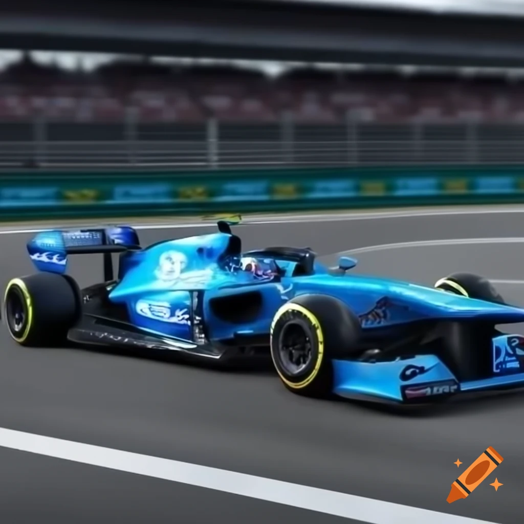 Blue sports car with Formula 1 theme decoration on Craiyon