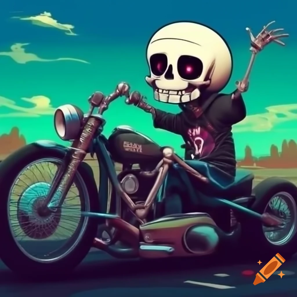 Dancing skeleton in motorcycle helmet next to chopper bike, cartoon ...