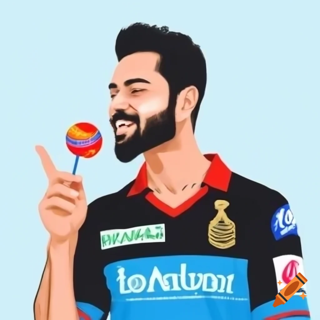 Person in RCB cricket jersey holding colorful lollipop on Craiyon