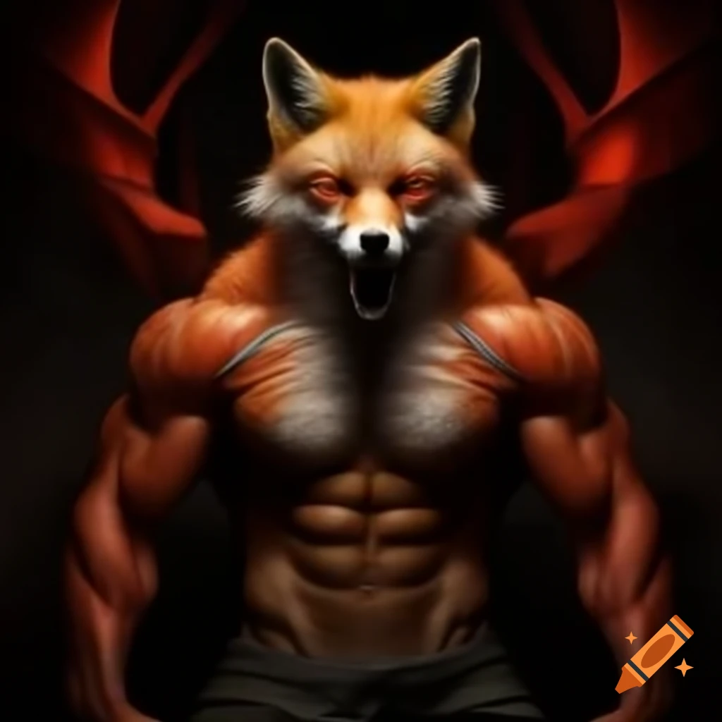 Realistic muscular demon fox man gazing at viewer on Craiyon