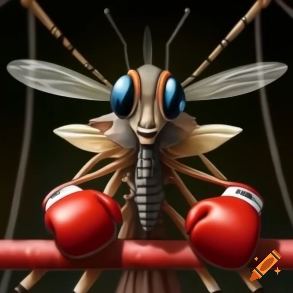 Realistic illustration of a mosquito with big eyes in boxing gloves ...