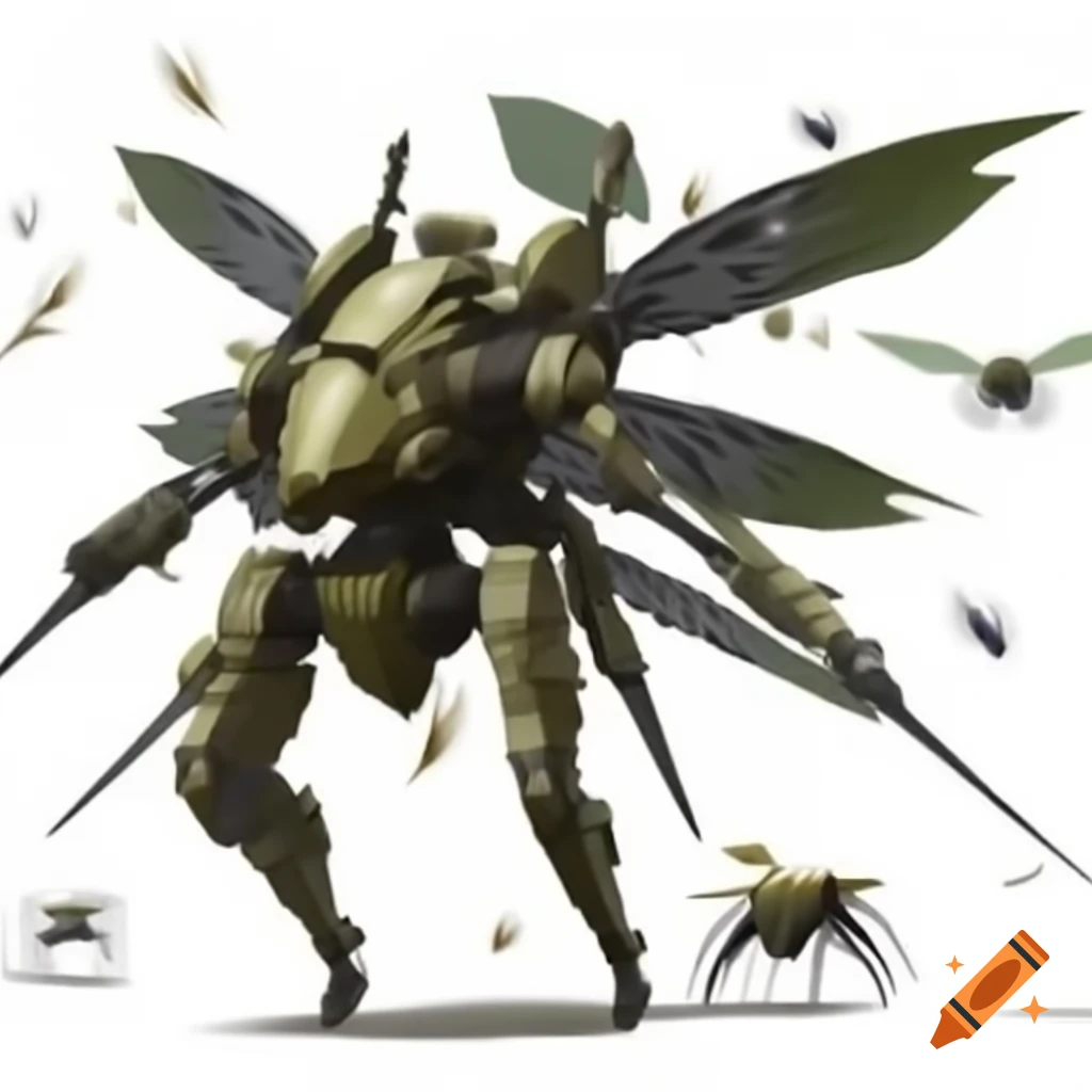 Insectoid humanoid combat mech in knight armor with wings on Craiyon