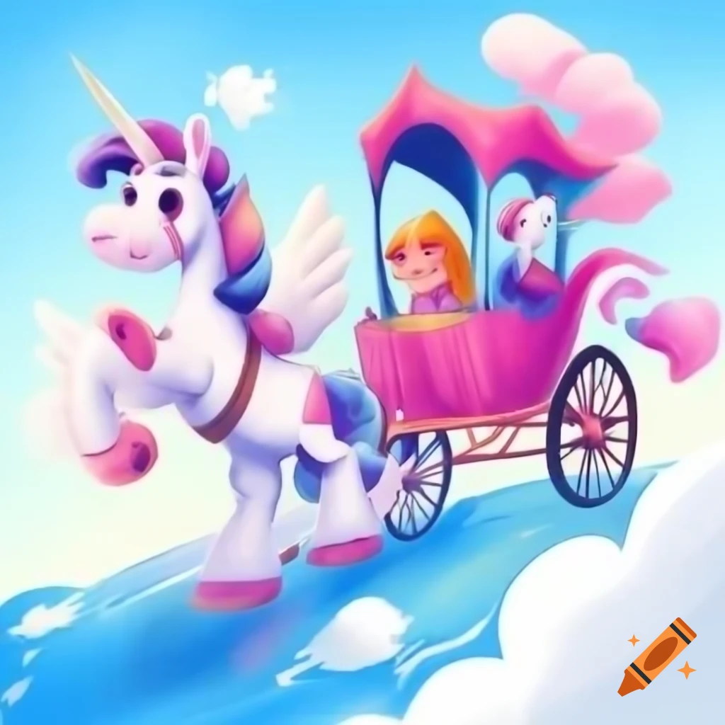 Shiny flying carriage pulled by winged unicorns with a girl waving ...