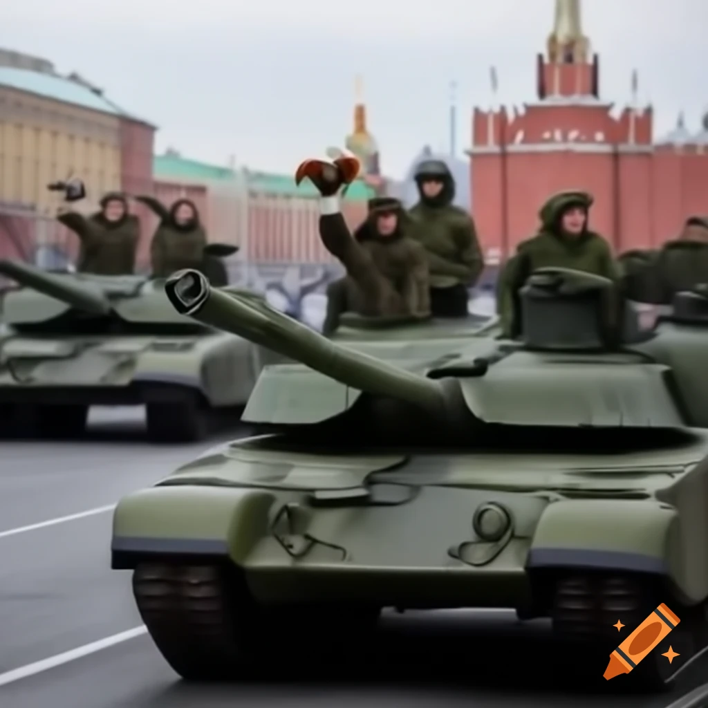 Military parade in Red Square featuring gremlins on cars and tanks with ...