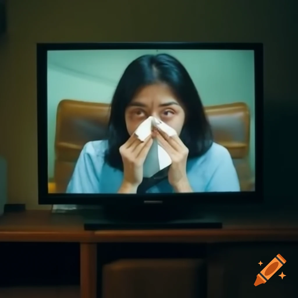 Person sitting and watching a movie on TV, holding tissue to nose on ...
