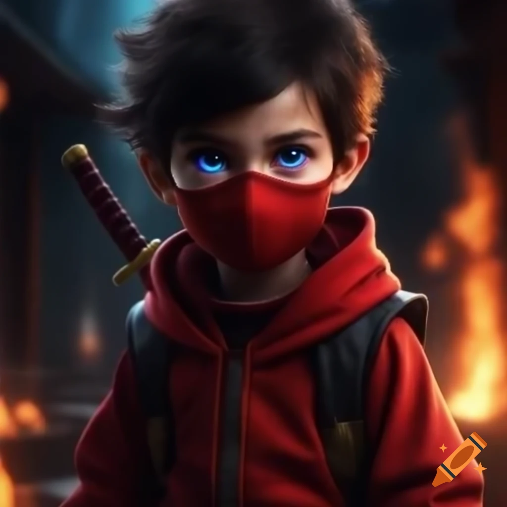 Elemental master of fire in red ninja outfit with katanas, blue eyes on ...