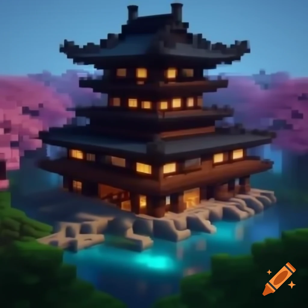 Minecraft Japanese-style mansion with pagoda roofs and koi pond in ...