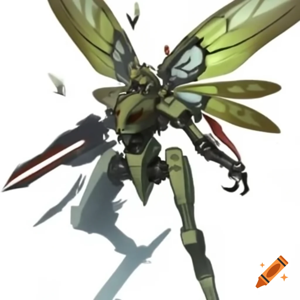 Insectoid humanoid combat mech with dagger and wings on white ...