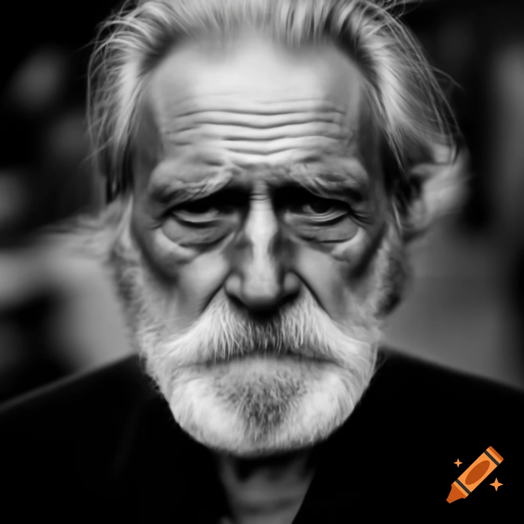 Black and white portrait of older man with untidy beard and stern gaze ...