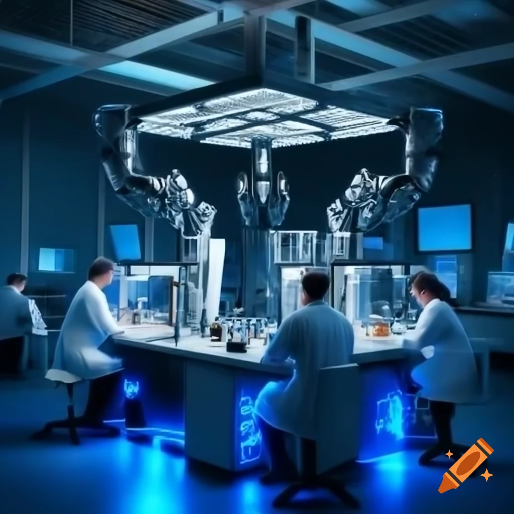 Advanced laboratory with sophisticated machines and robotic arms under ...