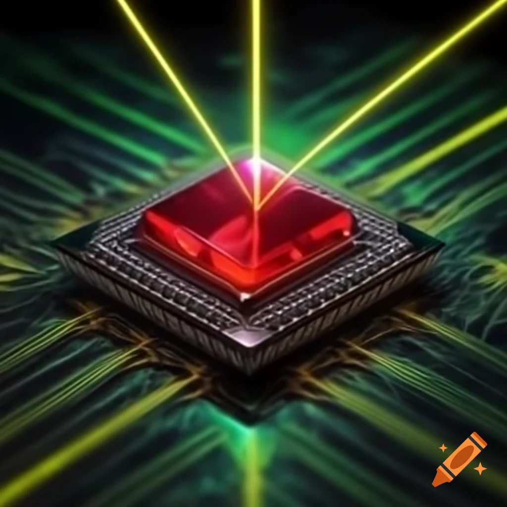 Microchip with red crystal changing color under green laser beam on Craiyon