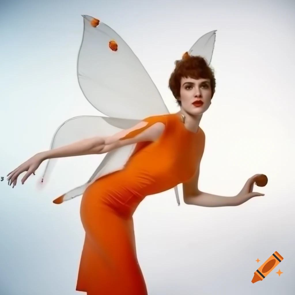 1960s stylized hazelnut fairy in orange dress, cyberpunk pinup on Craiyon
