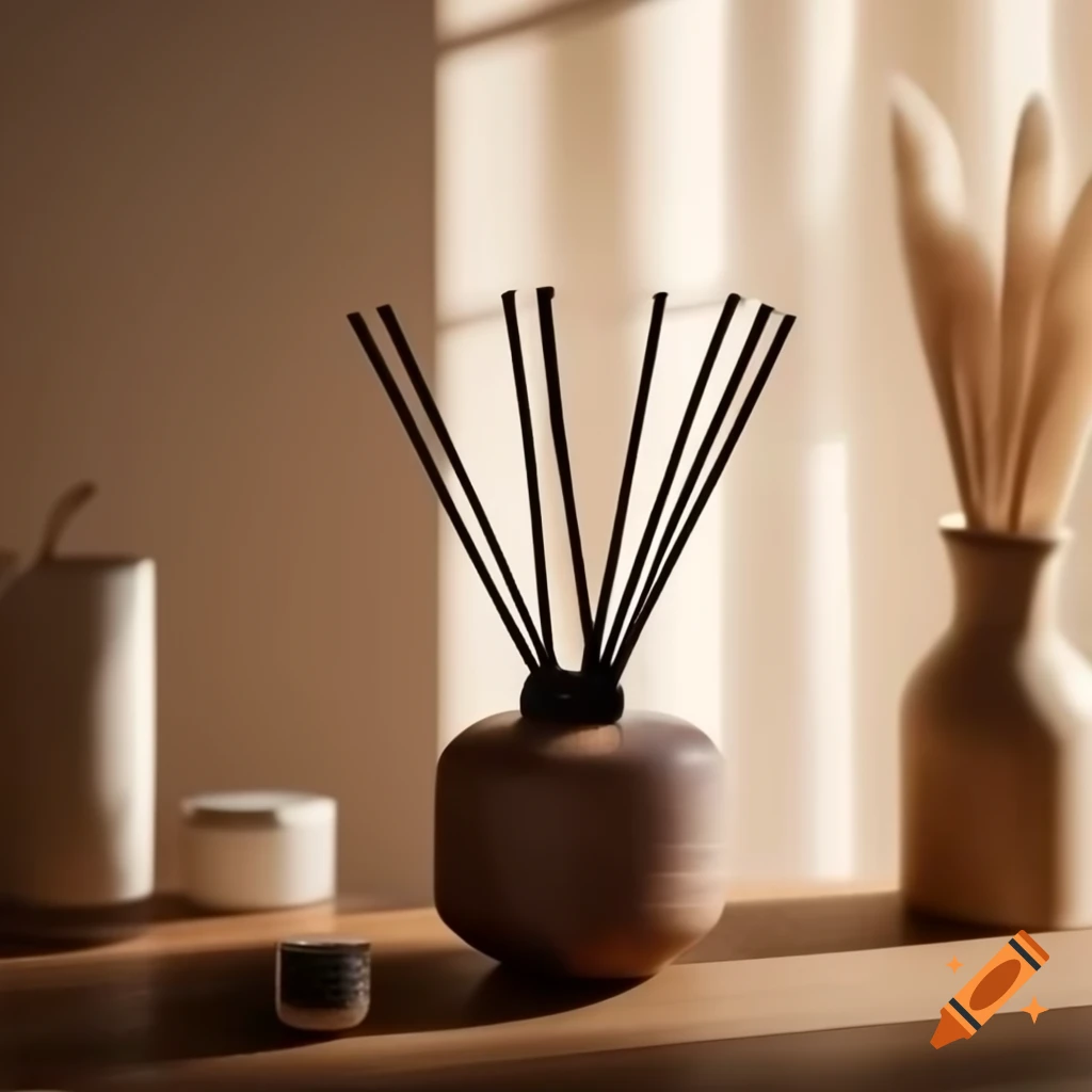 Modern ceramic essential oil diffuser on wooden surface in warm brown ...