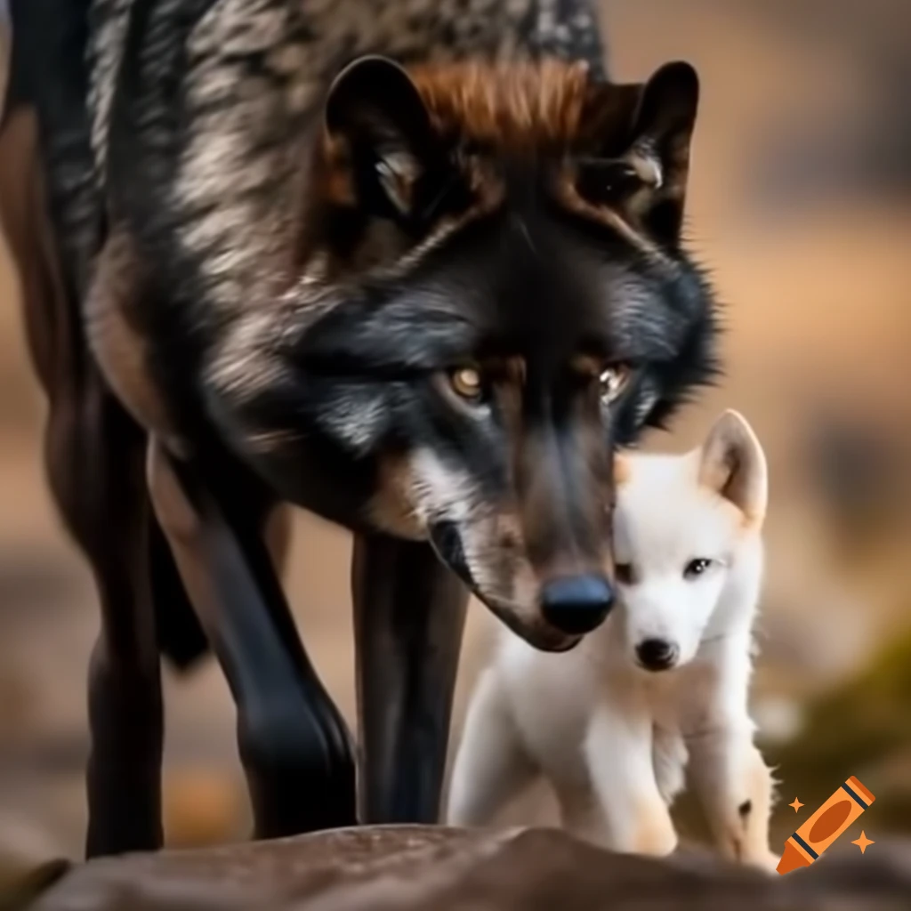Large black wolf with small white wolf between its paws on Craiyon