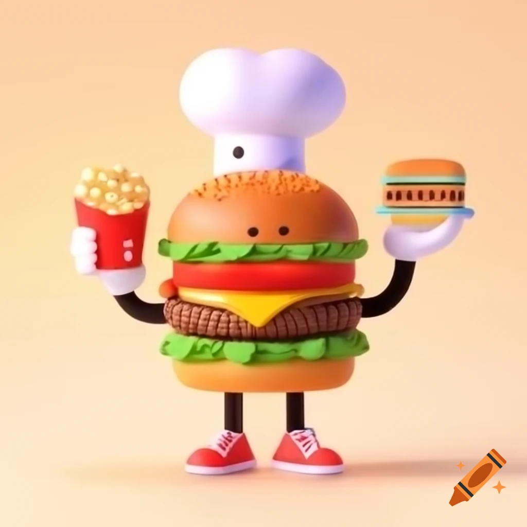 Playful food mascot character combining hamburger, sandwich, steak ...