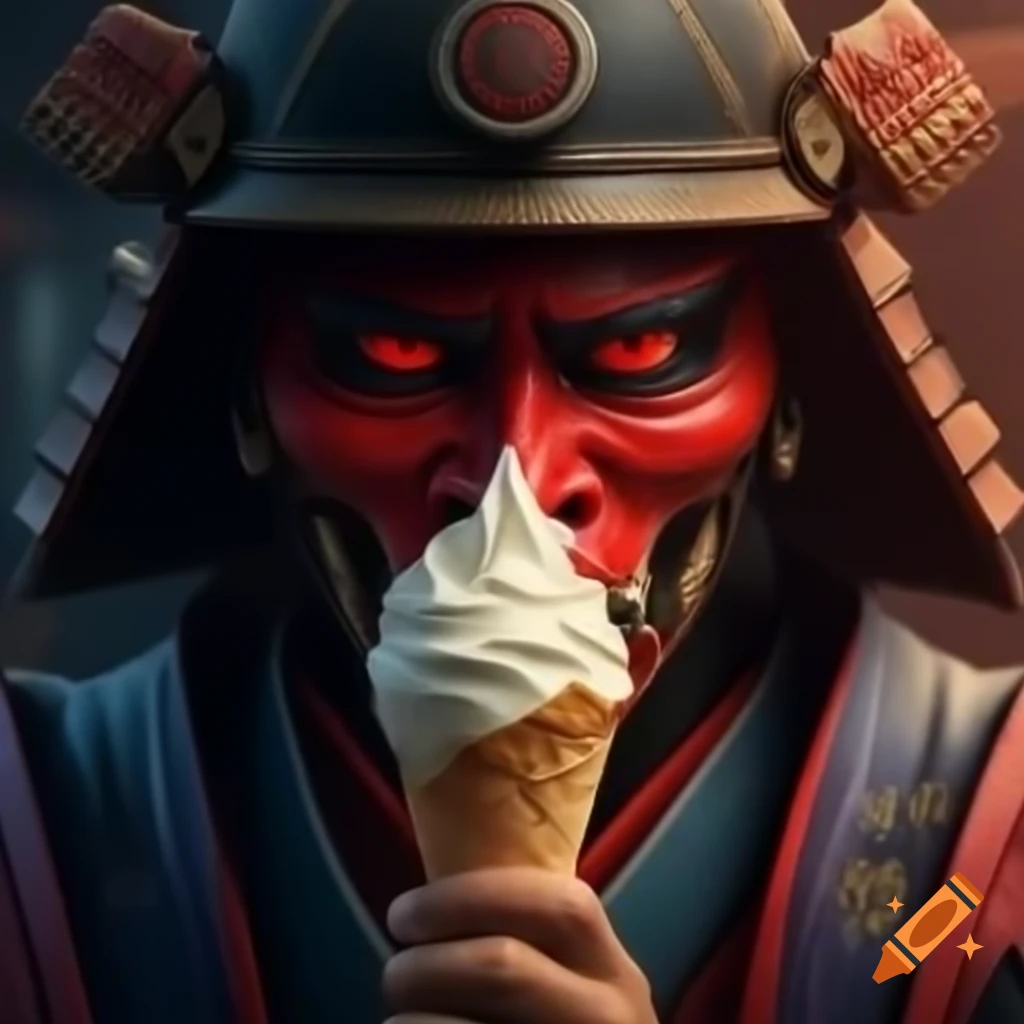 Samurai with red lips and eyes gazing at ice cream on Craiyon