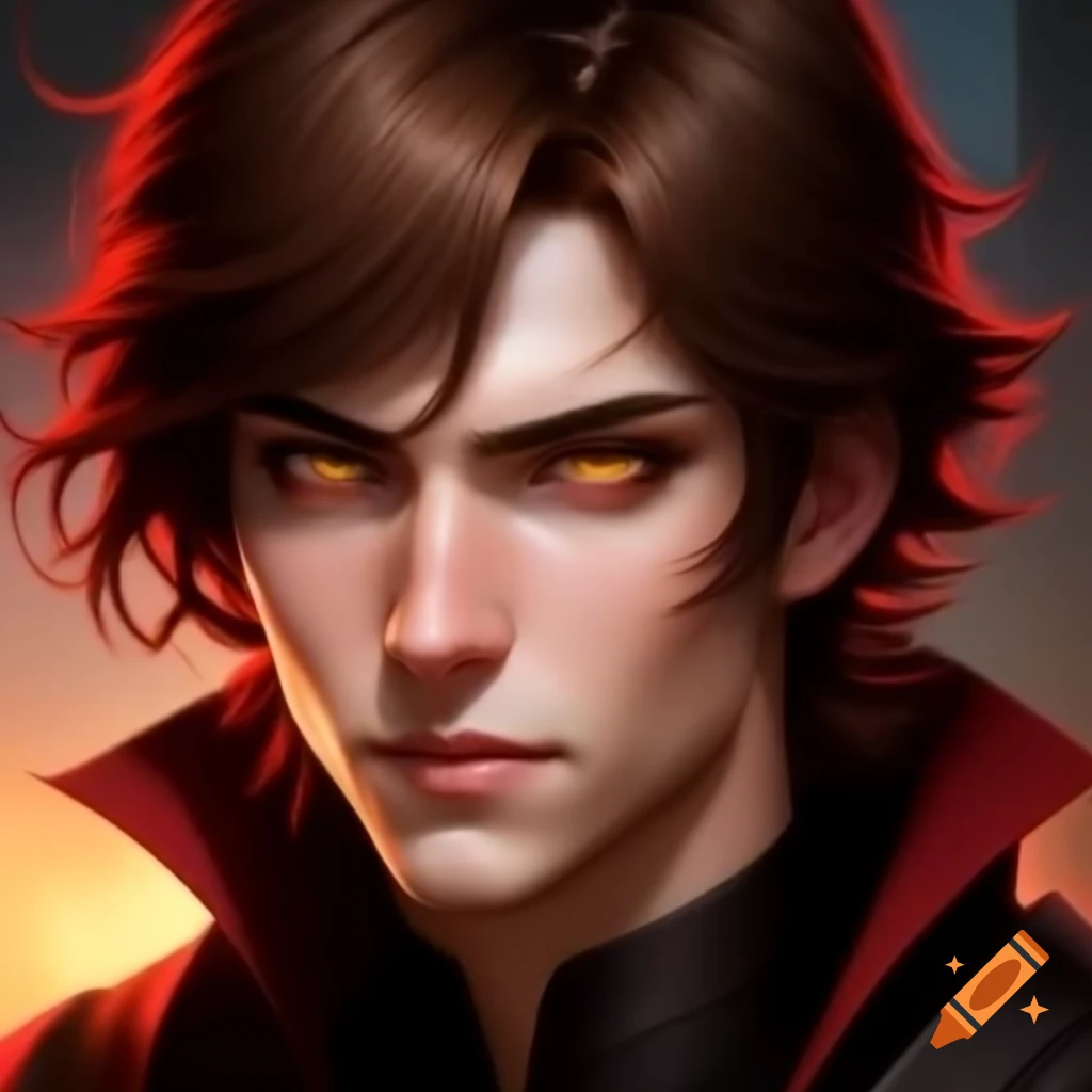 Tall handsome male Sith with brown hair and red-yellow eyes on Craiyon