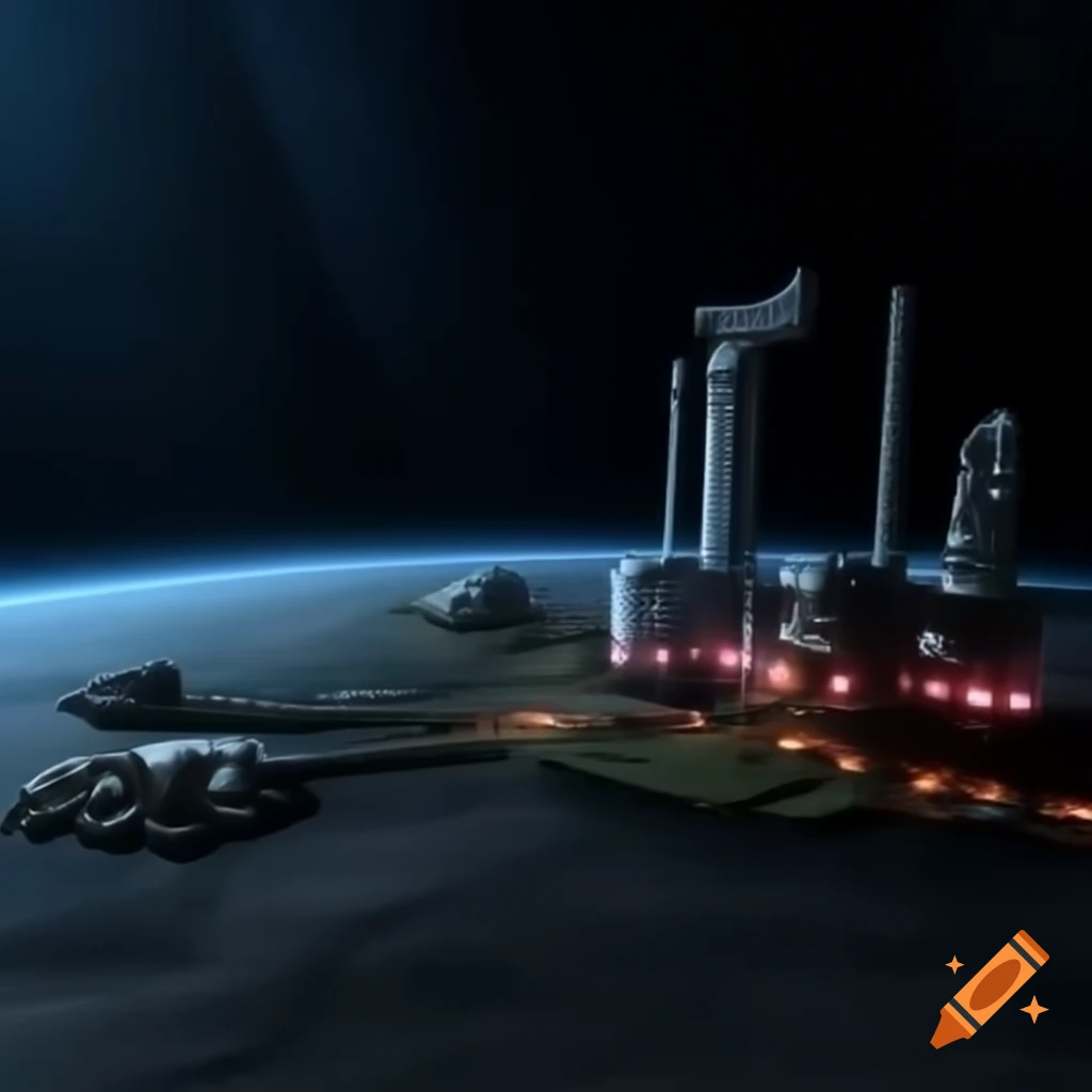 Industrial facility complex on alien planet with starry sky and space ...