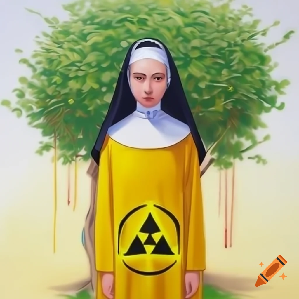 Asian nun in yellow habit with radioactive symbol under hazelnut tree ...