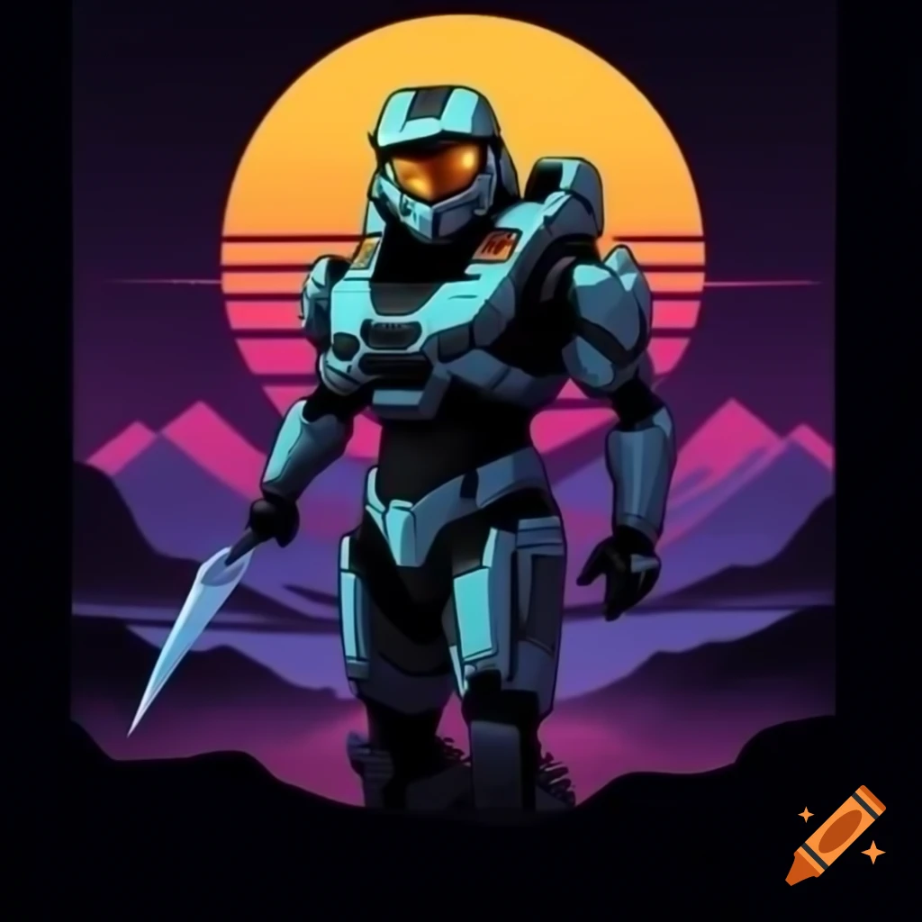 Master Chief from Halo holding energy sword against synthwave sunset on ...