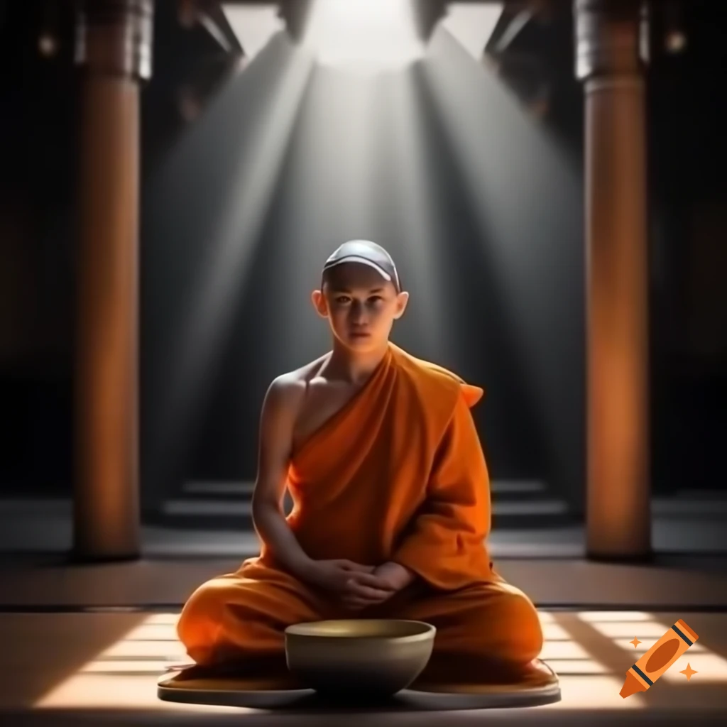 Buddhist monk practicing sound healing in peaceful temple on Craiyon