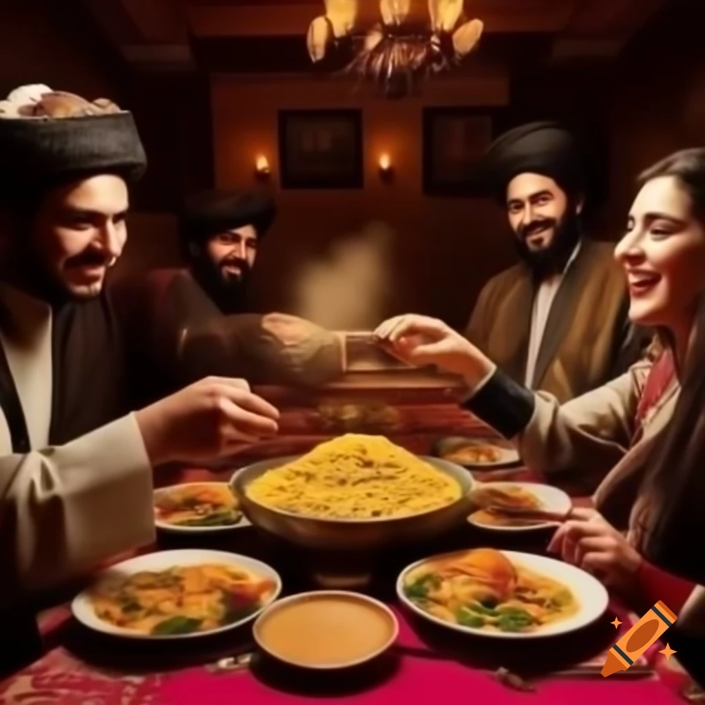 Traditional Afghan dinner scene with Kabuli Pulao on decorated table on ...