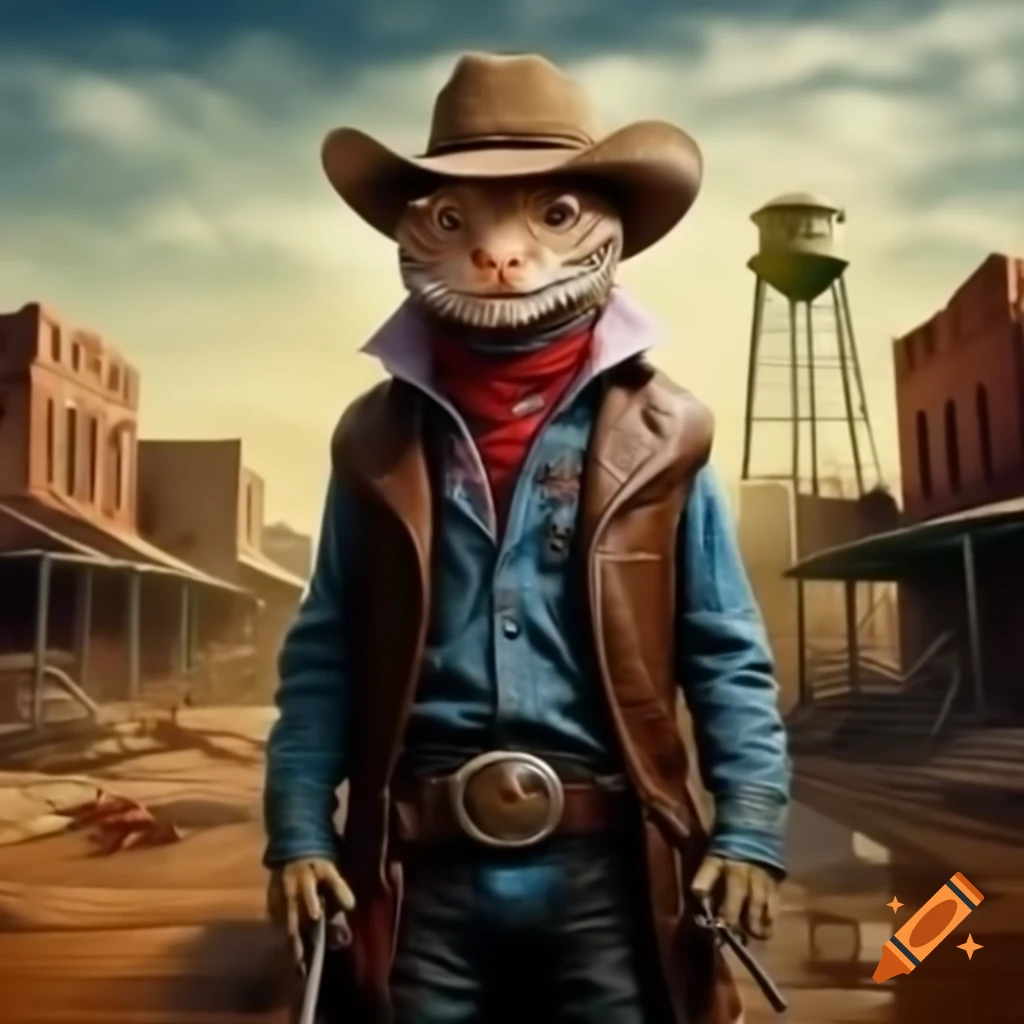 Leopard gecko in cowboy outfit in abandoned western town with water ...