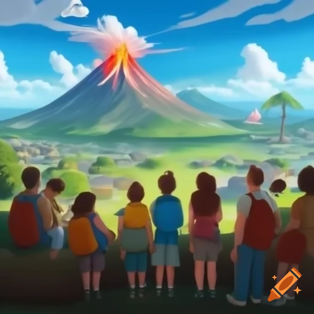 Group of people observing a volcano with village view in cartoon style ...