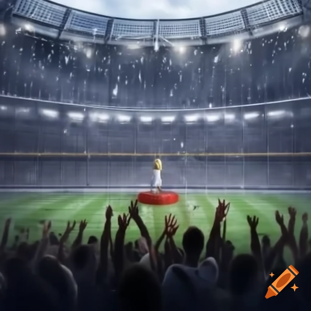 Crowded stadium stand celebrating podium with confetti on Craiyon