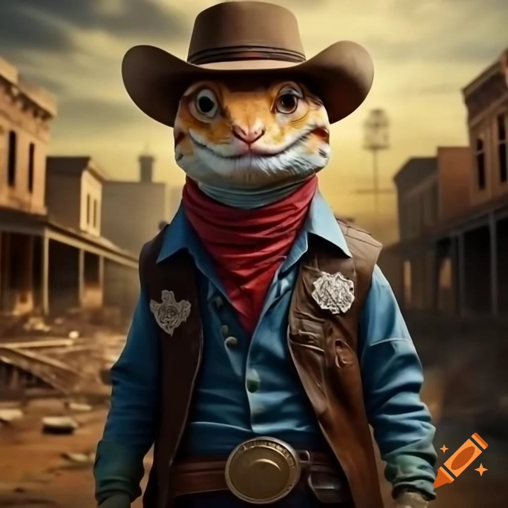 Leopard gecko dressed as cowboy in abandoned western town with water ...