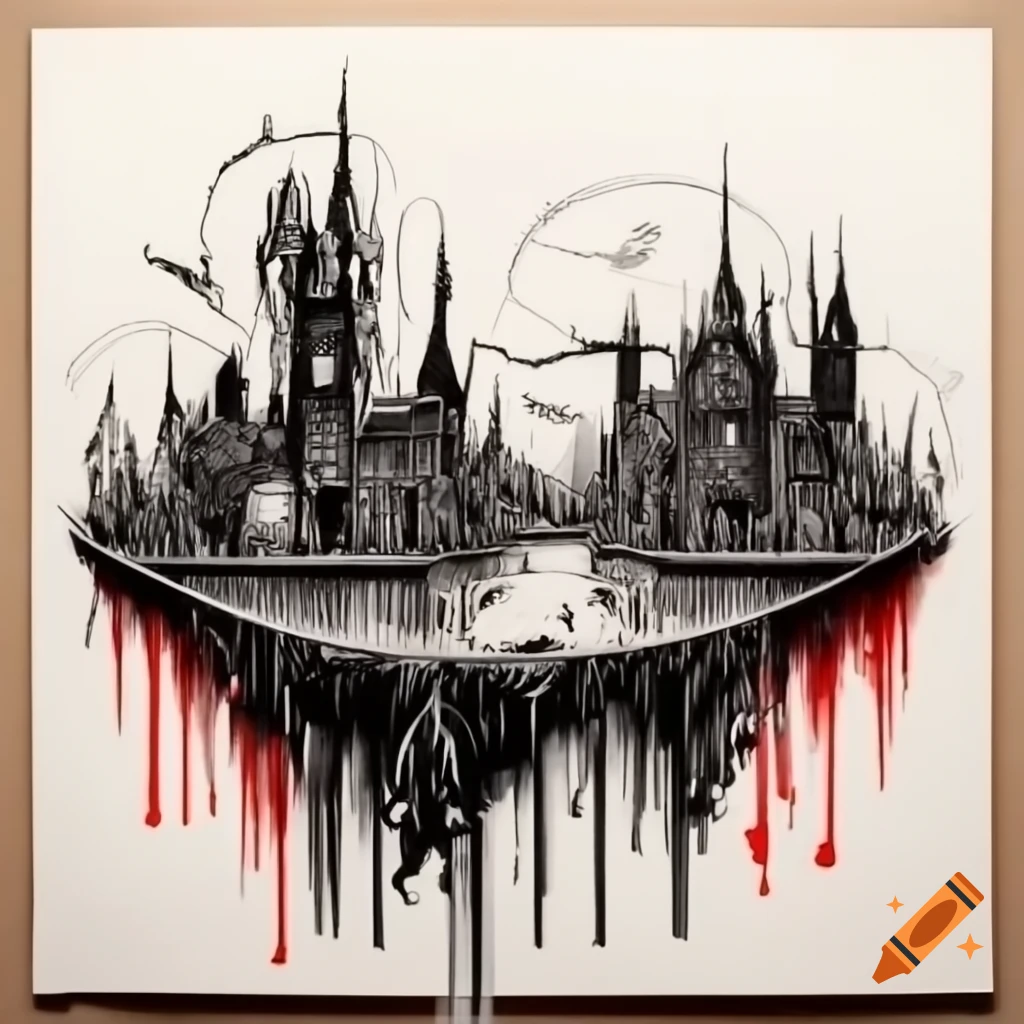 Ink drawing of a dystopian gothic city in black and red on Craiyon