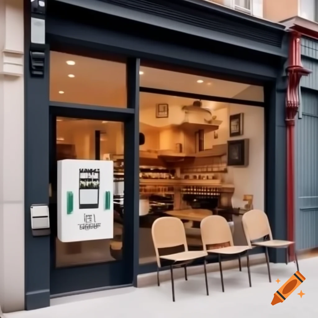 Two-story shop design with tables and chairs for customers, detailed ...