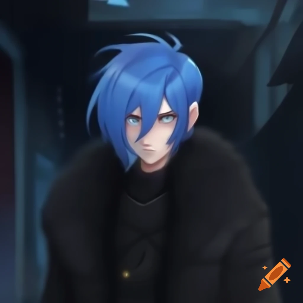 Anime character with blue and black hair in dark alley, dressed as ...