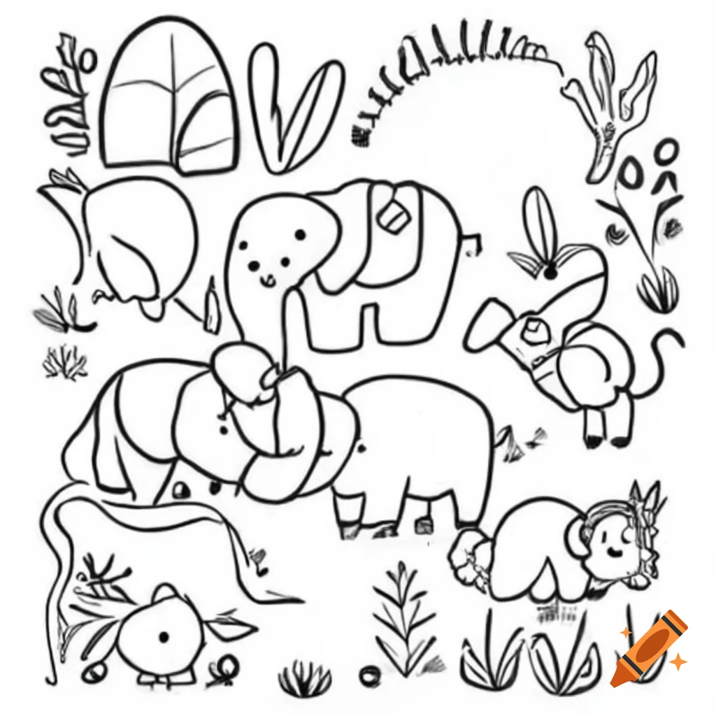 Cute jungle animals line art for kids coloring book, including elephant ...