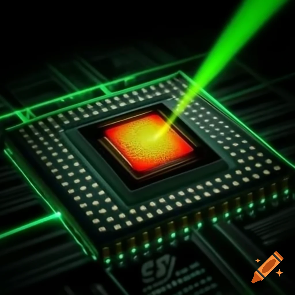 Microchip with yellow-red crystal illuminated by green laser, emitting ...
