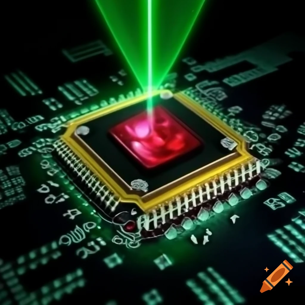 Iced microchip with red crystal illuminated by green laser, glowing ...