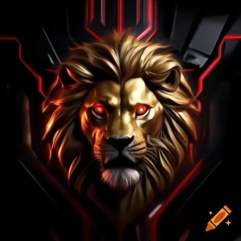 Hyper-detailed logo of a lion's head made from computer hardware ...