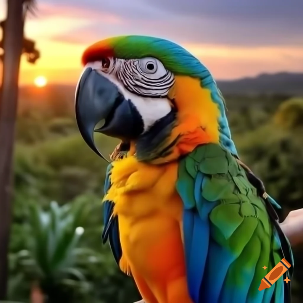 Close-up of a vibrant parrot overlooking jungle at sunset with warm colors on Craiyon